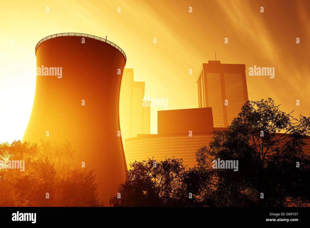 Nuclear power plant stacks in sunset sunrise 3D render Stock Photo - Alamy