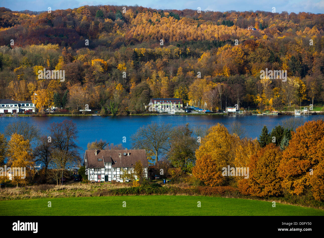 Baldeneysee Lake in Essen, Germany.View in autumn to Villa Huegel, the ...