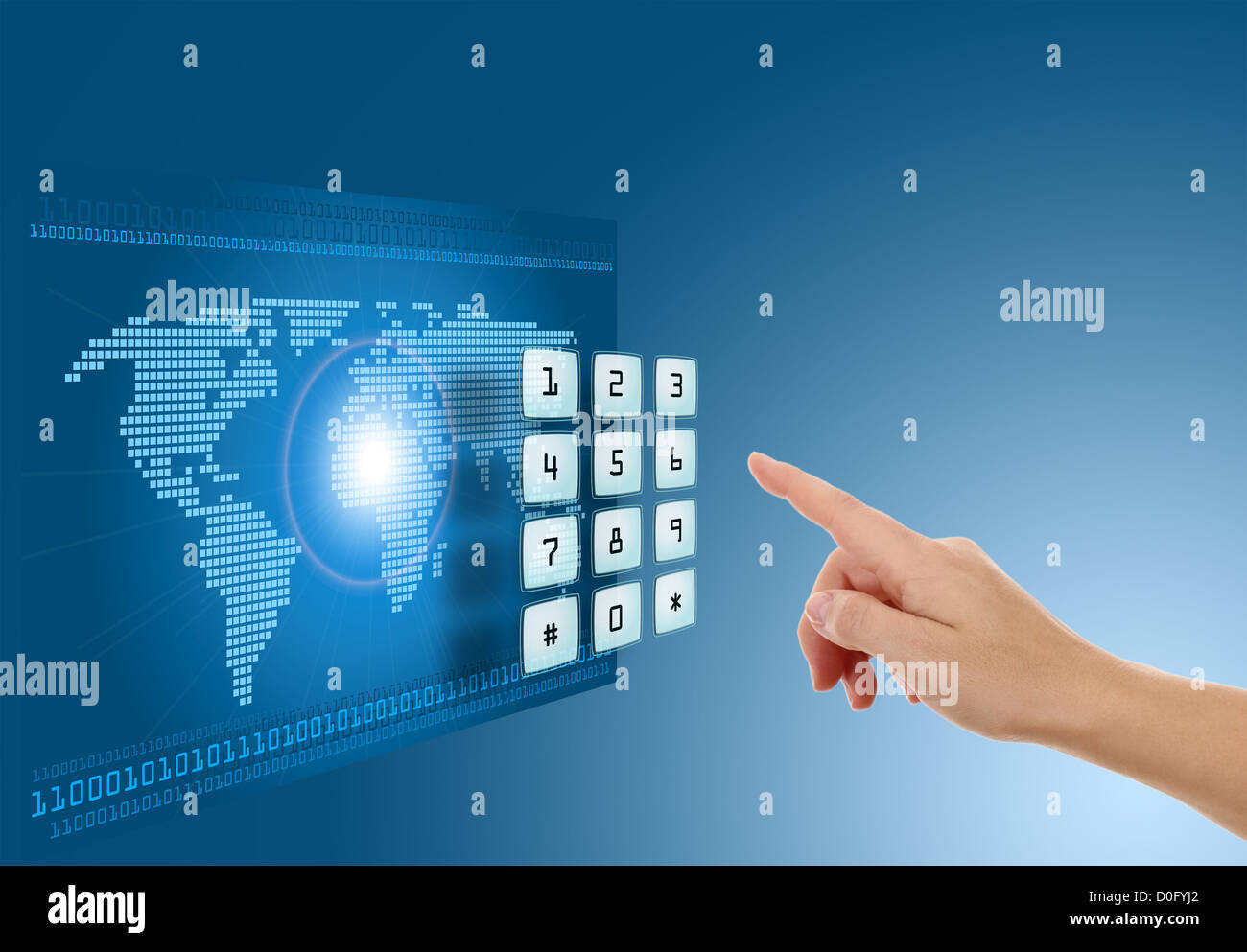 Hand pushing touch screen button with blue background with map Stock ...