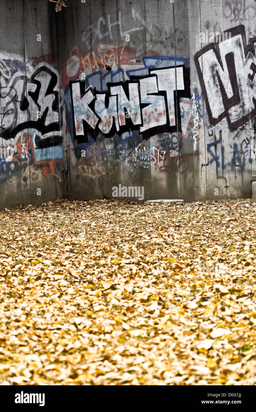 Autumn leaves collecting graffiti beneath a wall Stock Photo - Alamy