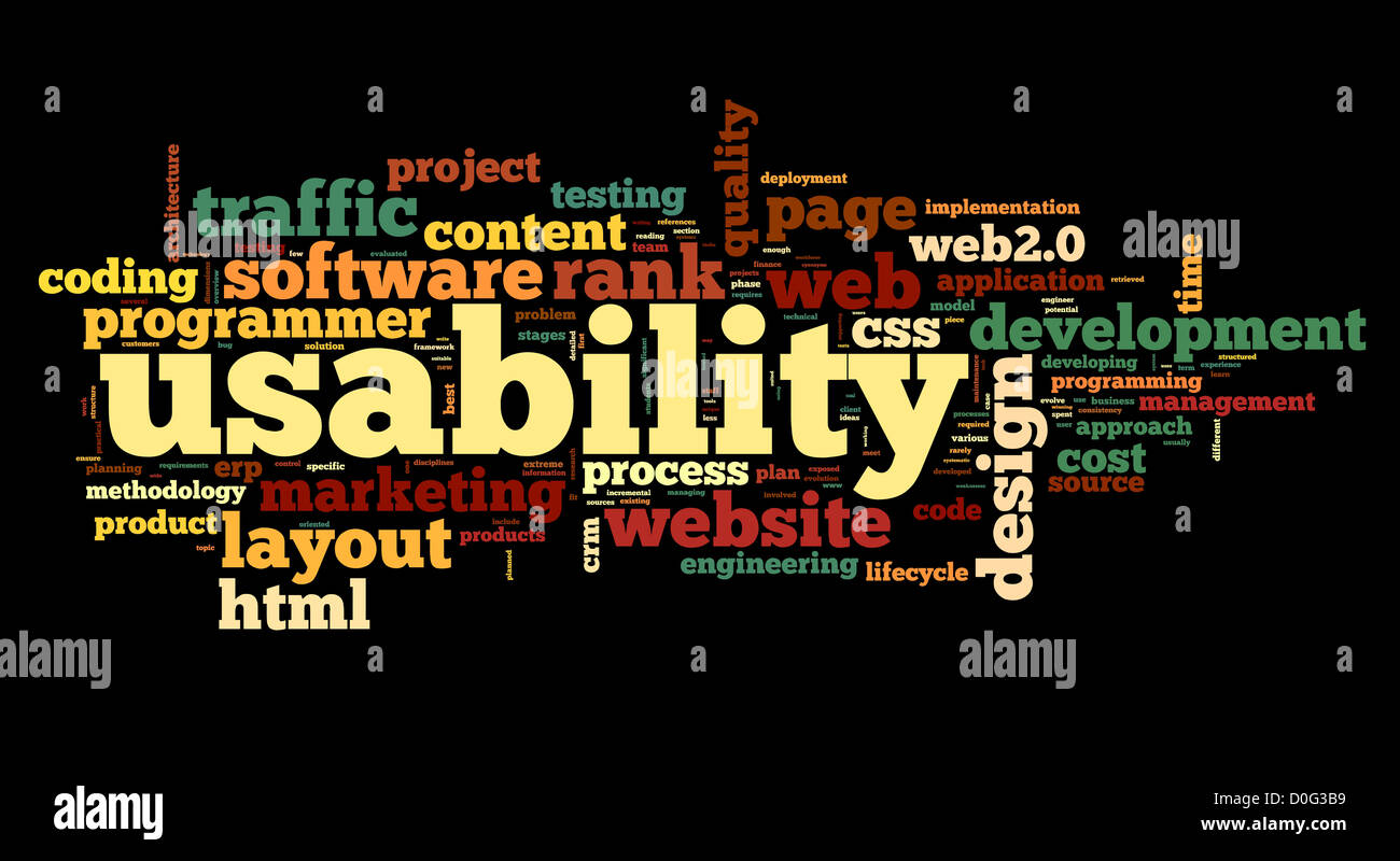 Web usability concept in tag cloud on black background Stock Photo - Alamy