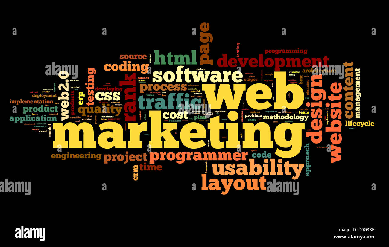 Web marketing concept in word cloud on black background Stock Photo - Alamy