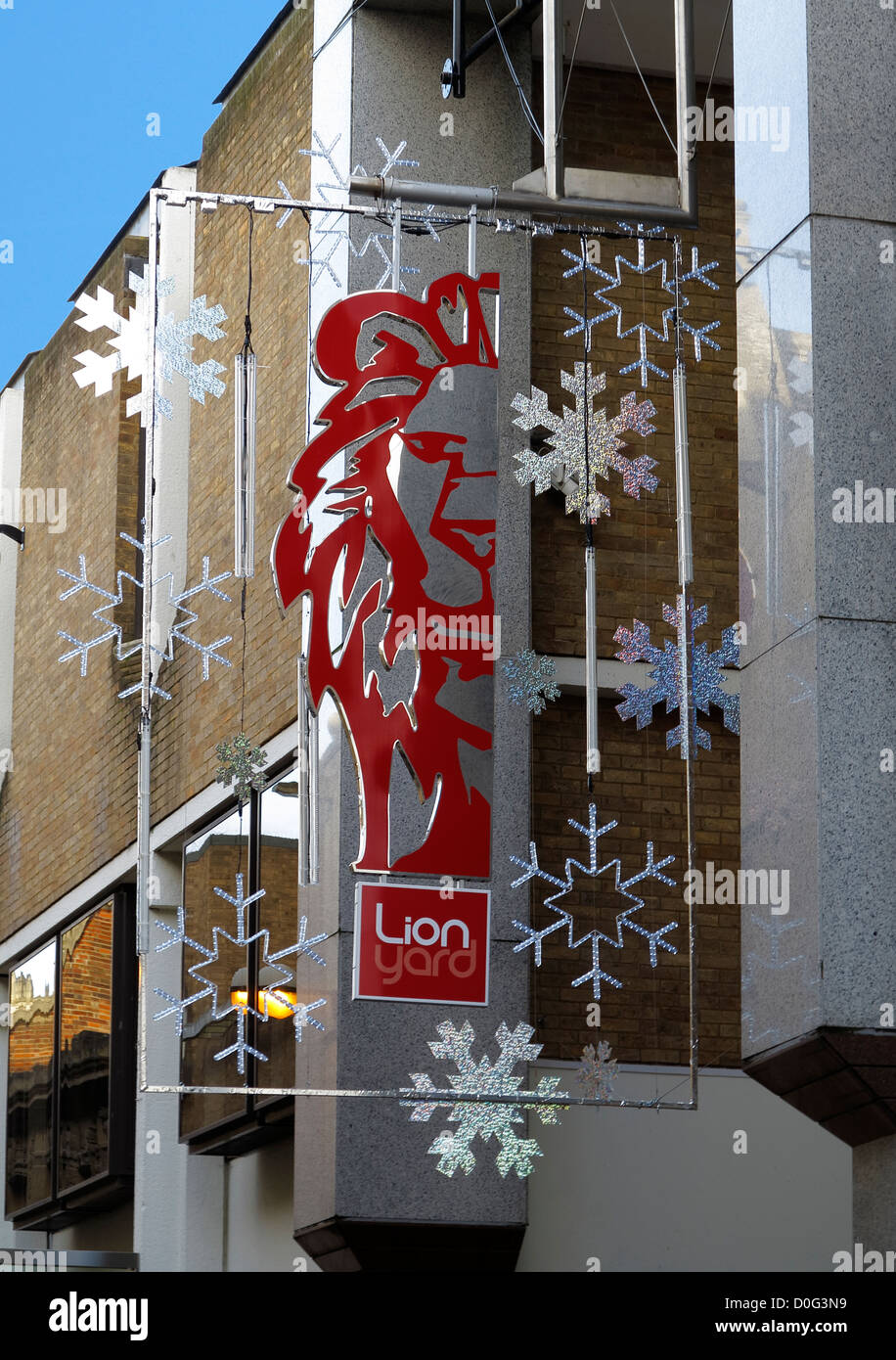 Street sign for Lion Yard shopping centre with Christmas decoration ...