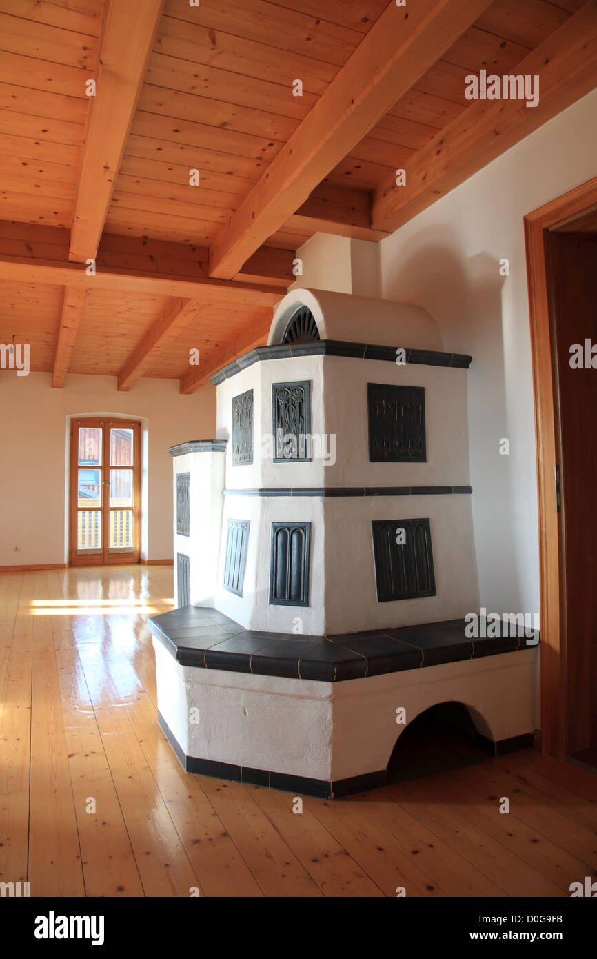 cockle stove inside a Bavarian country house, Bavaria, Germany, Europe ...