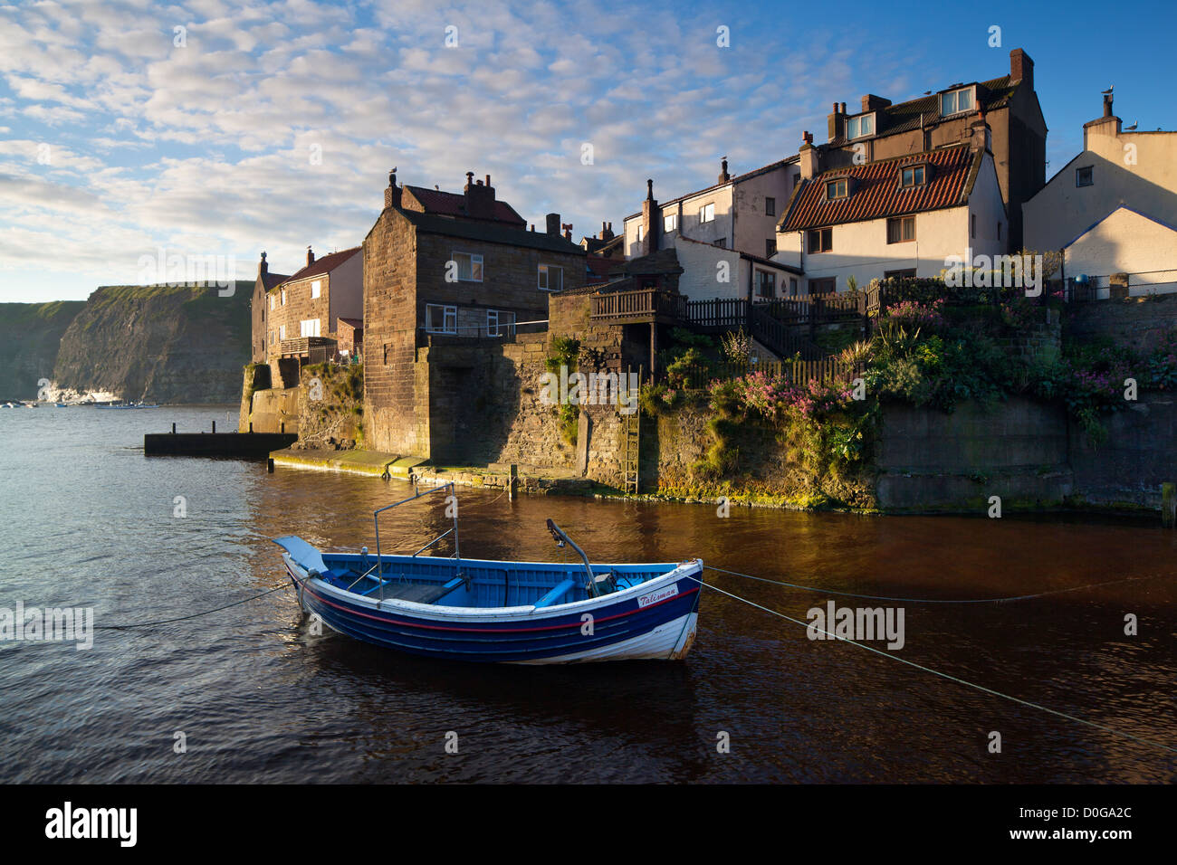 Coble traditional fishing boat moored in Staithes harbour on the North ...