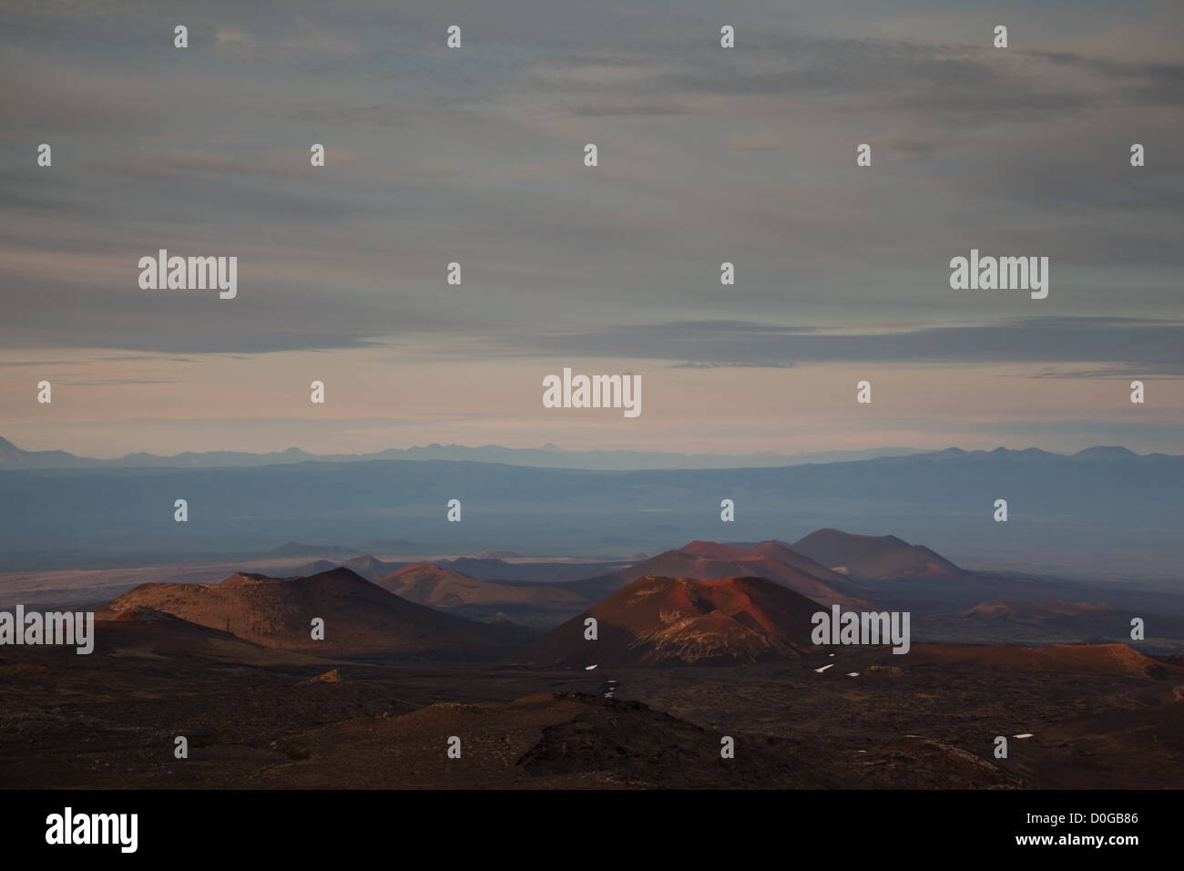 Sunrise. Volcanic dry desert area near Tolbachik volcano. Nature park ...