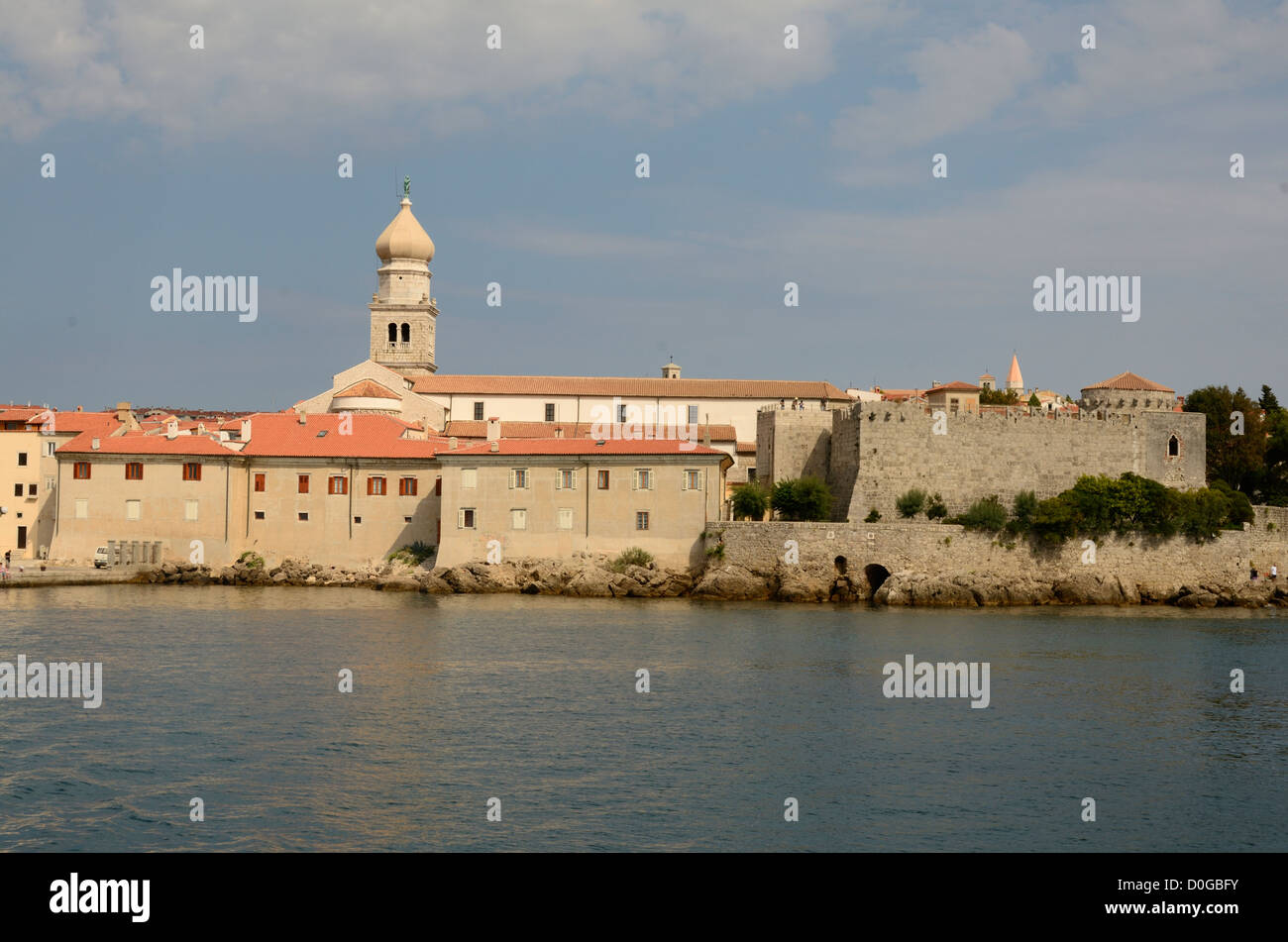 Seaview of fortifications and church of Krk village on Krk island in ...
