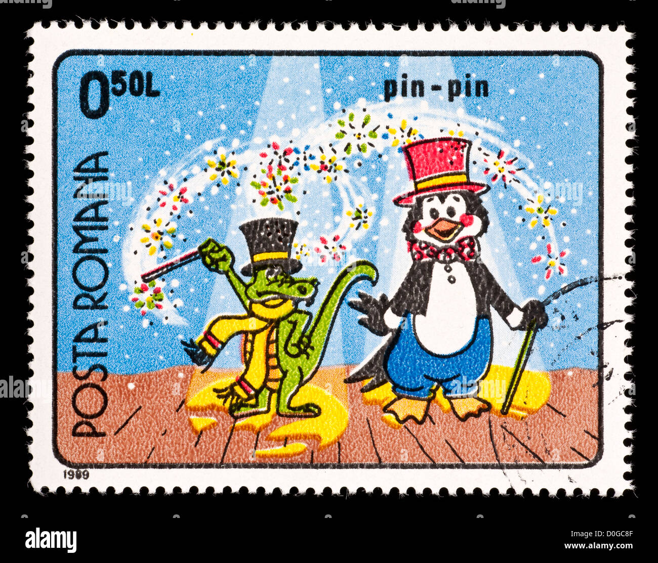 Postage stamp from Romania depicting two cartoon characters (pin-pin ...