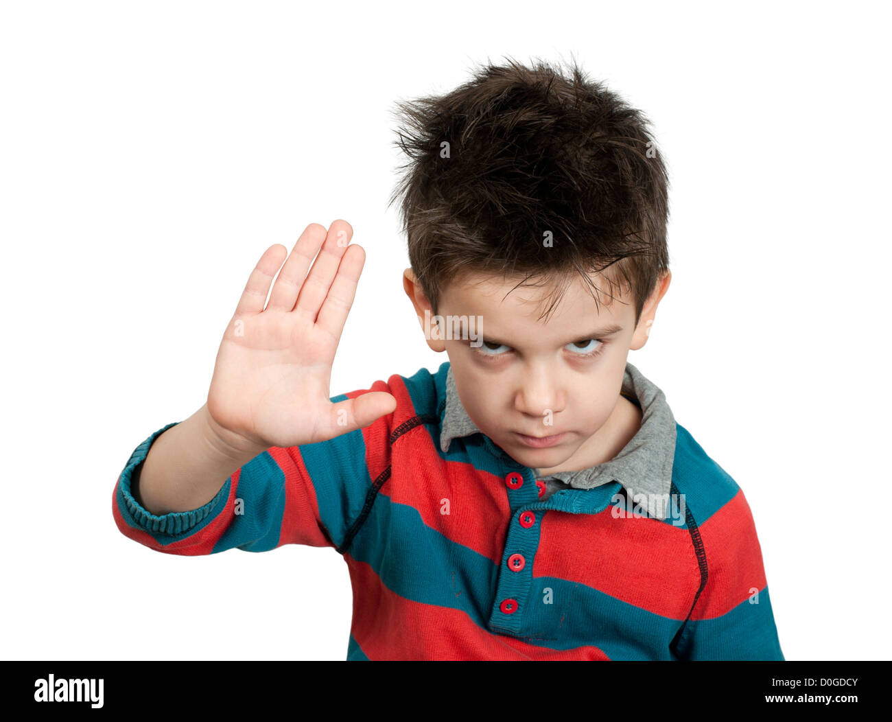 Little boy showing stop with his hand. White isolated Stock Photo - Alamy
