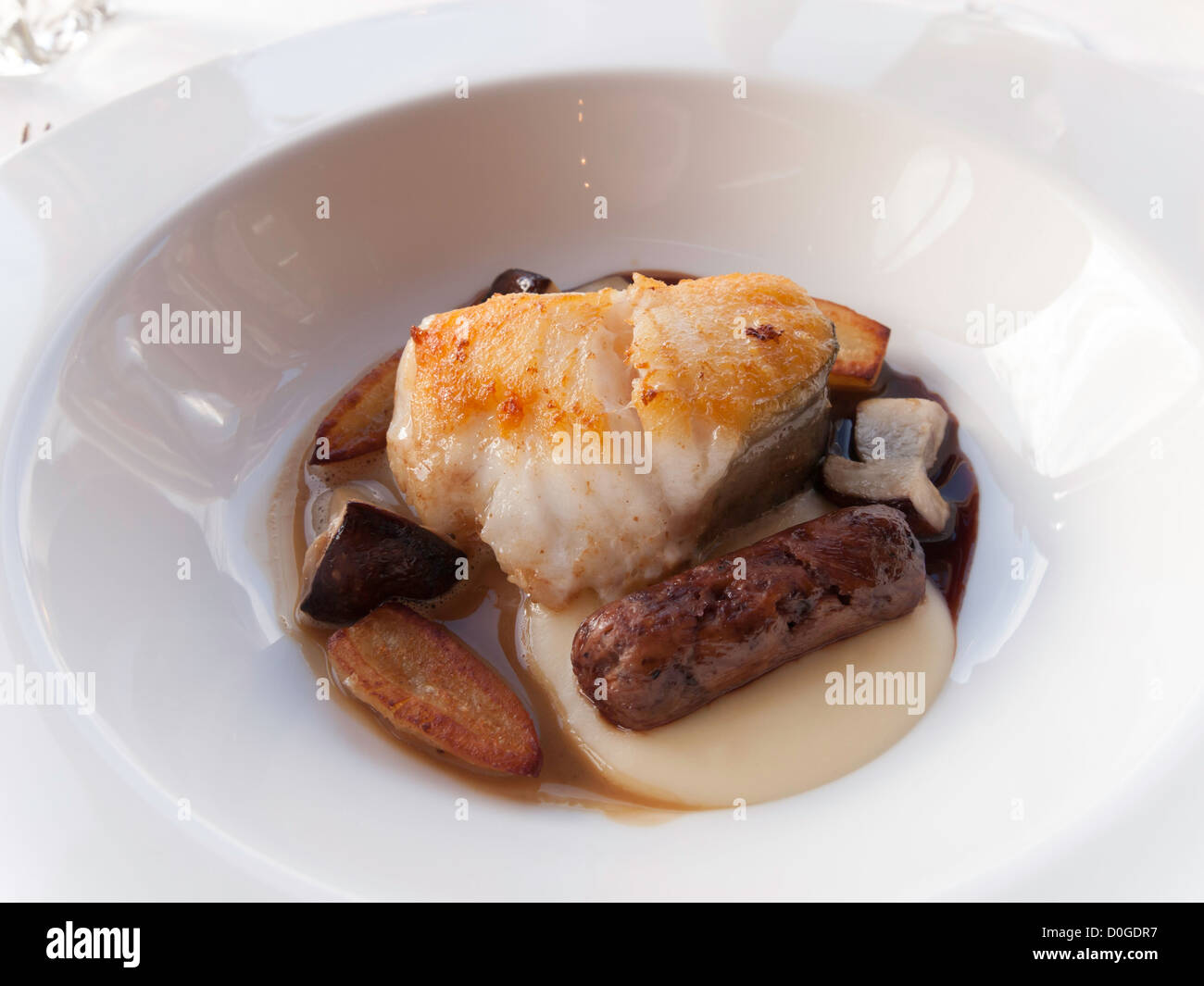 Fine dining - a lunch main course of Cod Loin with wild mushrooms ox ...