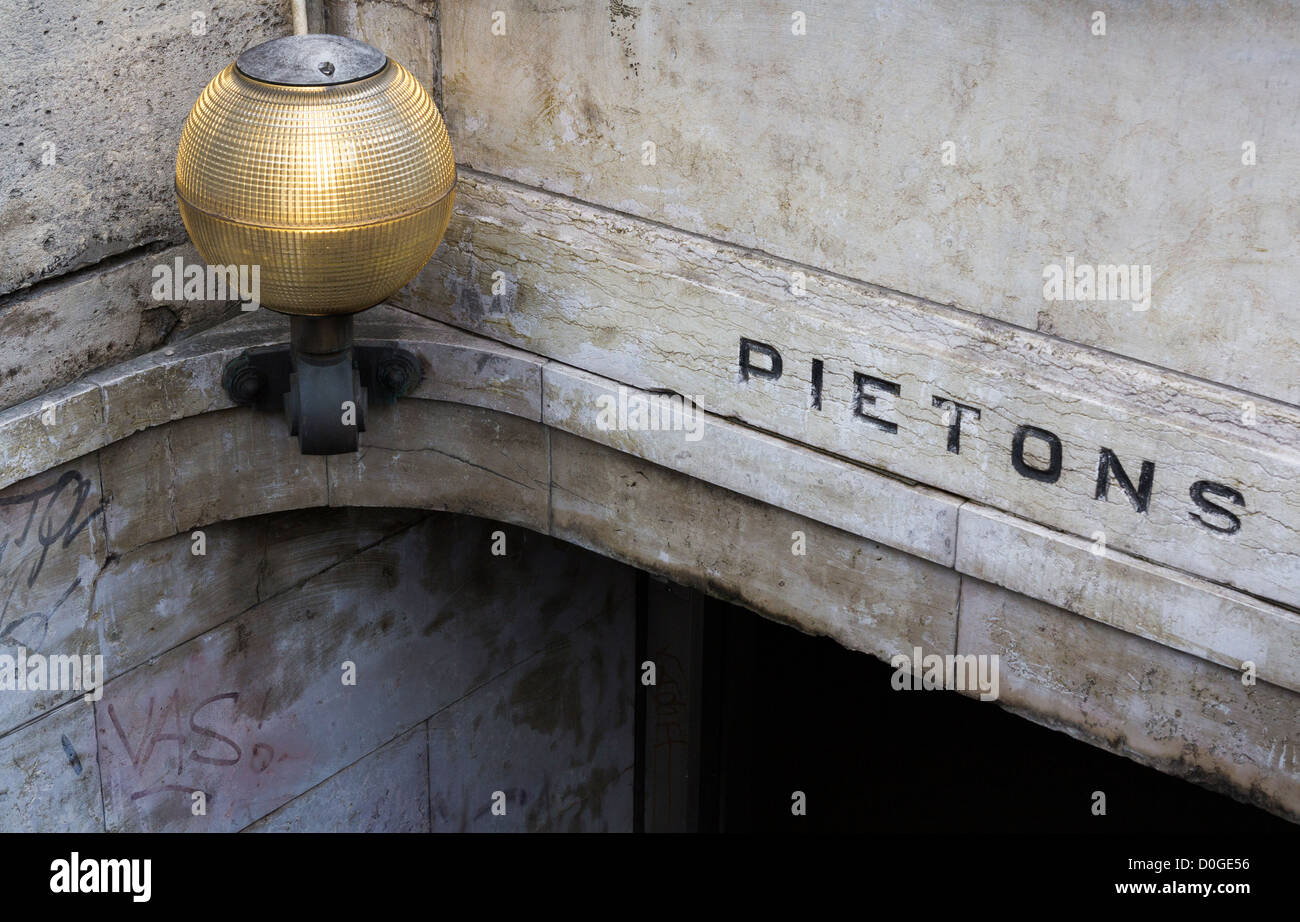 Entrance to French Metro and subway with 'Pietons' (pedestrians) sign ...