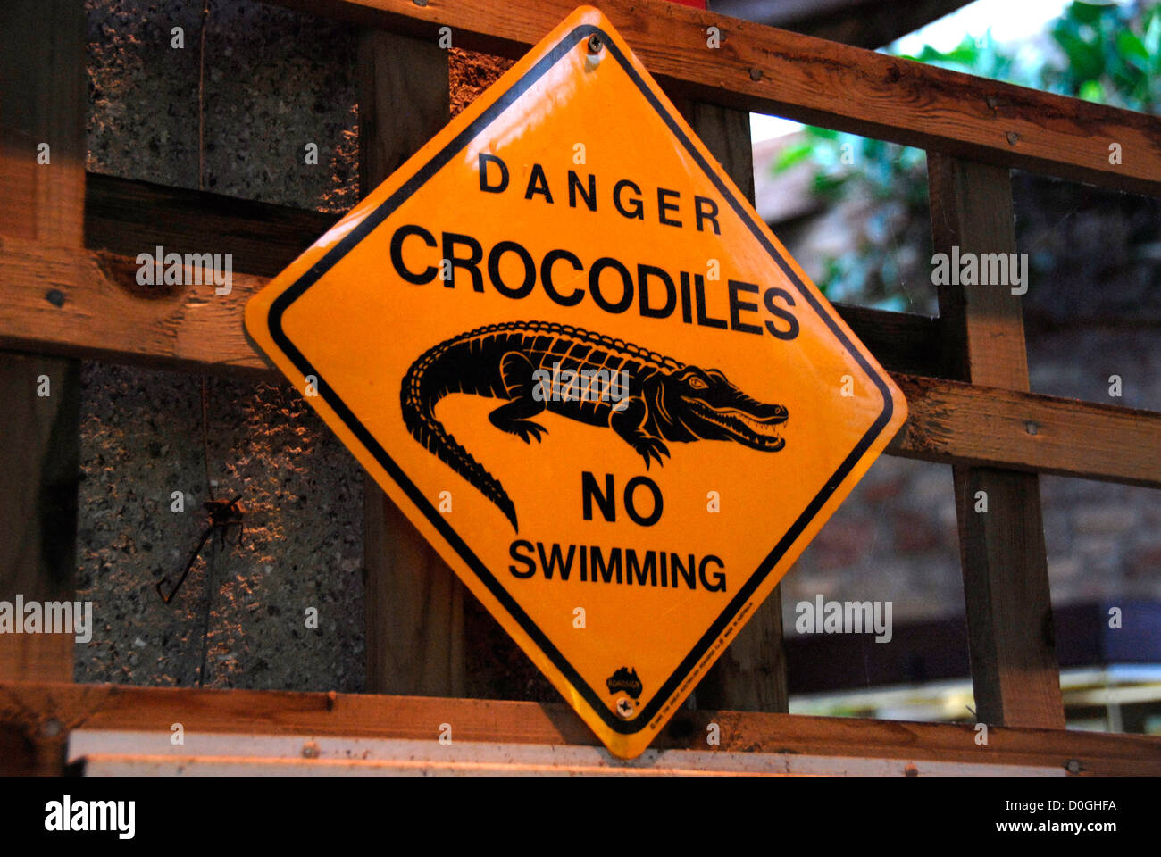 Warning sign, crocodiles, no swimming, zoo, Bristol, England, United ...