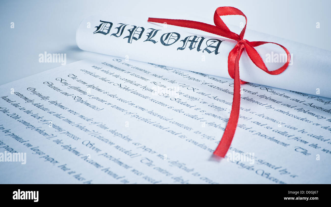Diploma with red ribbon Stock Photo - Alamy