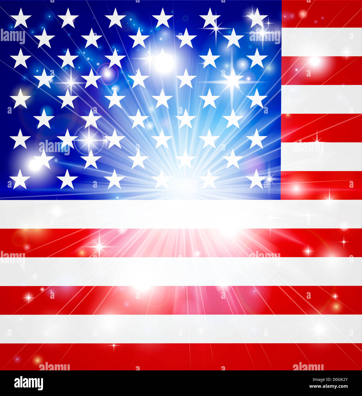 Flag of America background with pyrotechnic or light burst and copy ...