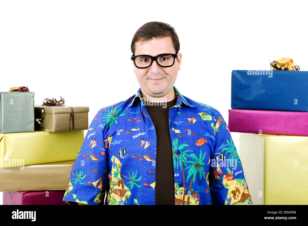 happy silly salesman with some boxes, isolated on white Stock Photo - Alamy