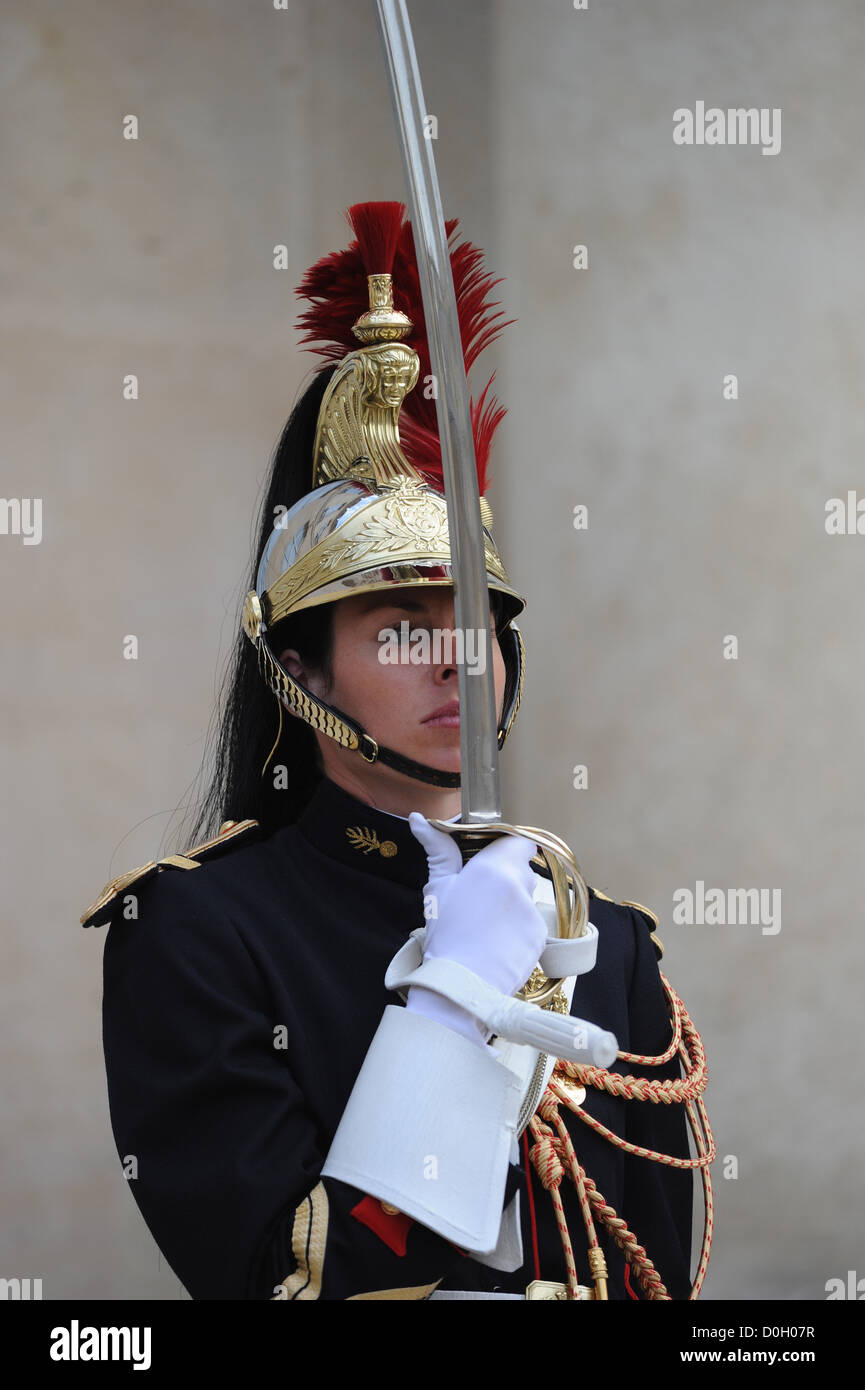 French woman Republican guard standing guard in front of the Elysee ...