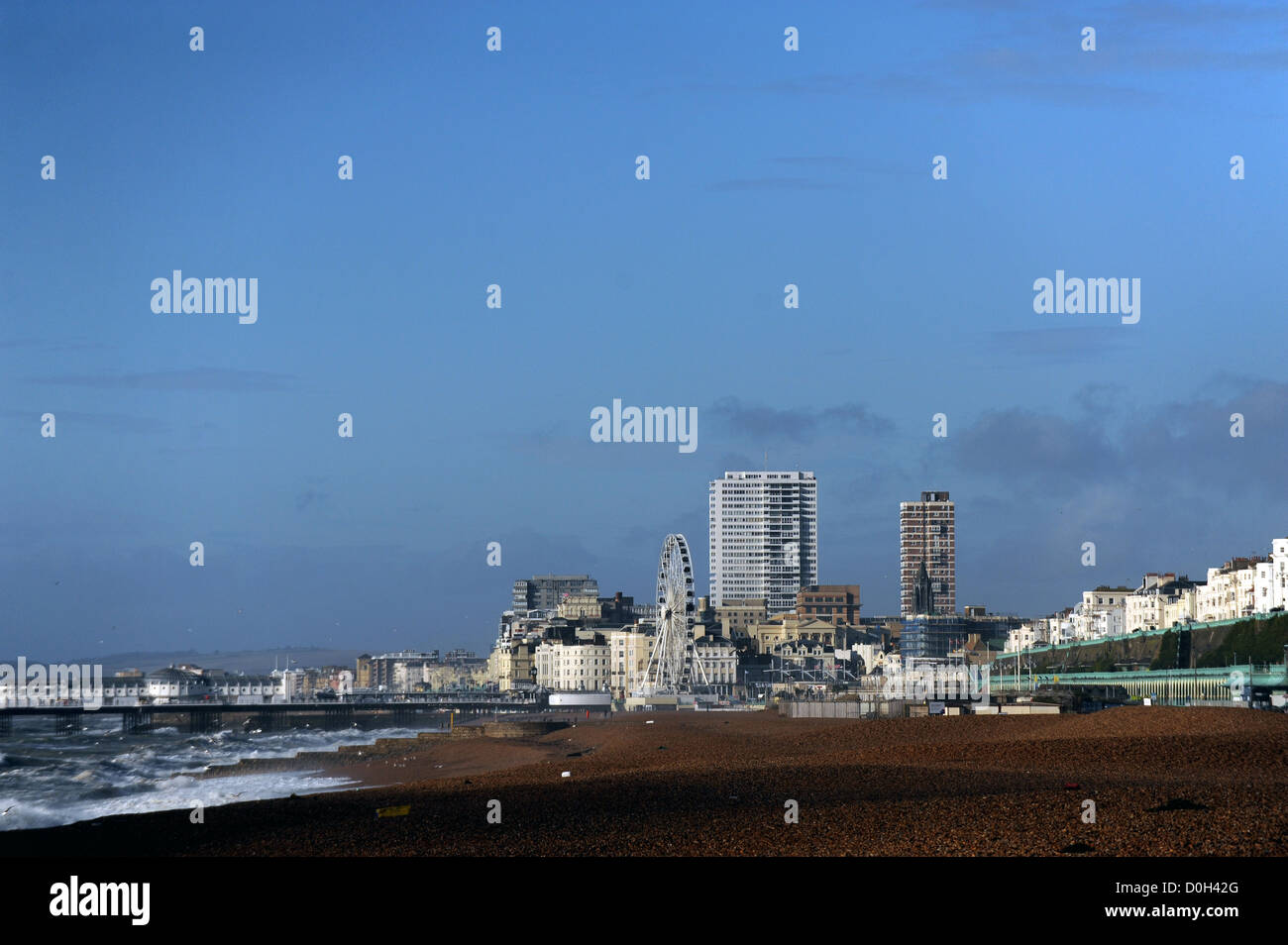 View of Brighton seafront and skyline taken from east side of the pier ...