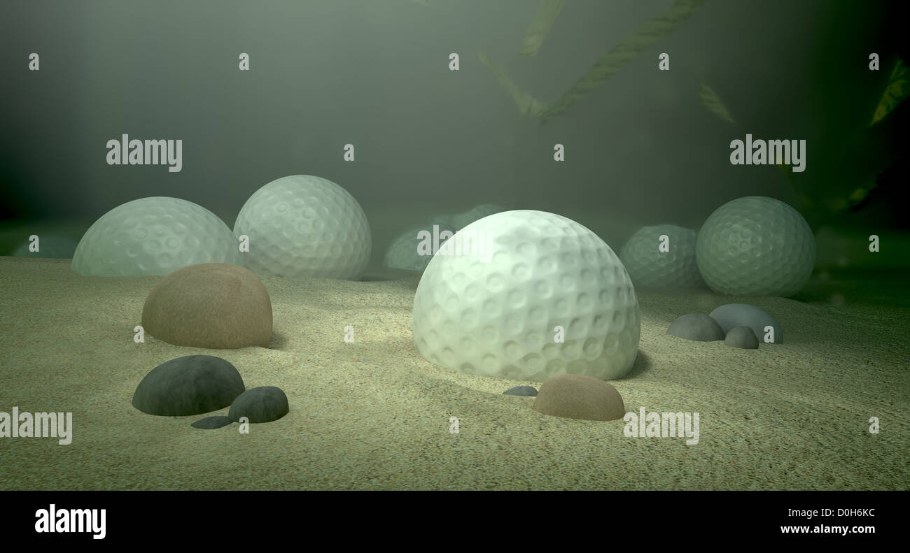 An underwater scene of a golf water hazard with a few golf balls laying ...