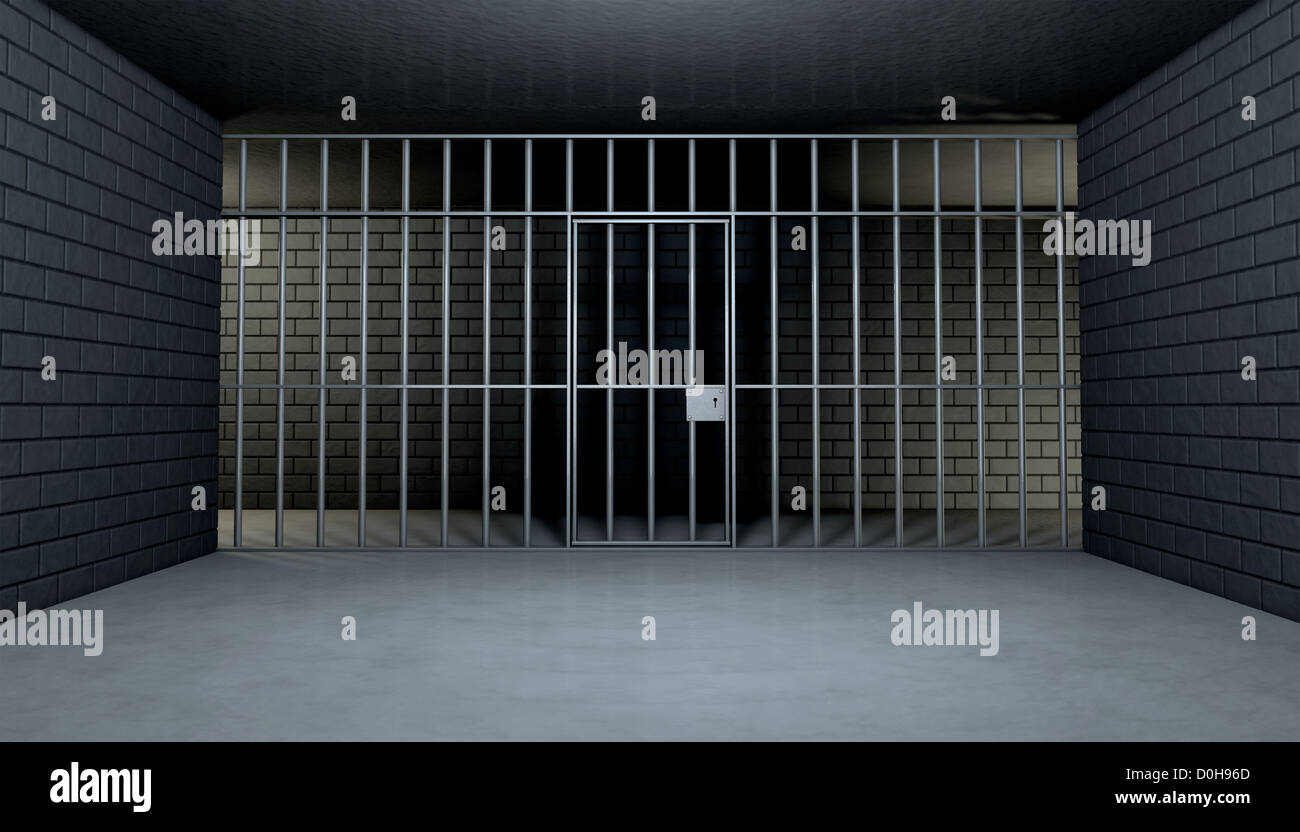 The view from the inside of a brick jail cell with iron bars and a ...