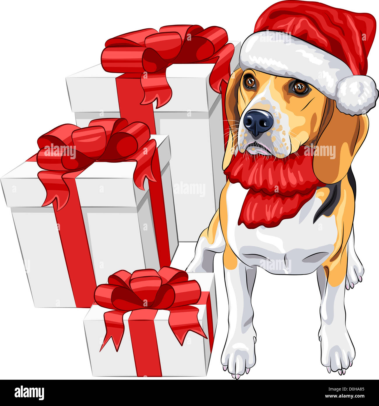 color sketch of the dog Beagle breed in the red hat of Santa Claus with ...