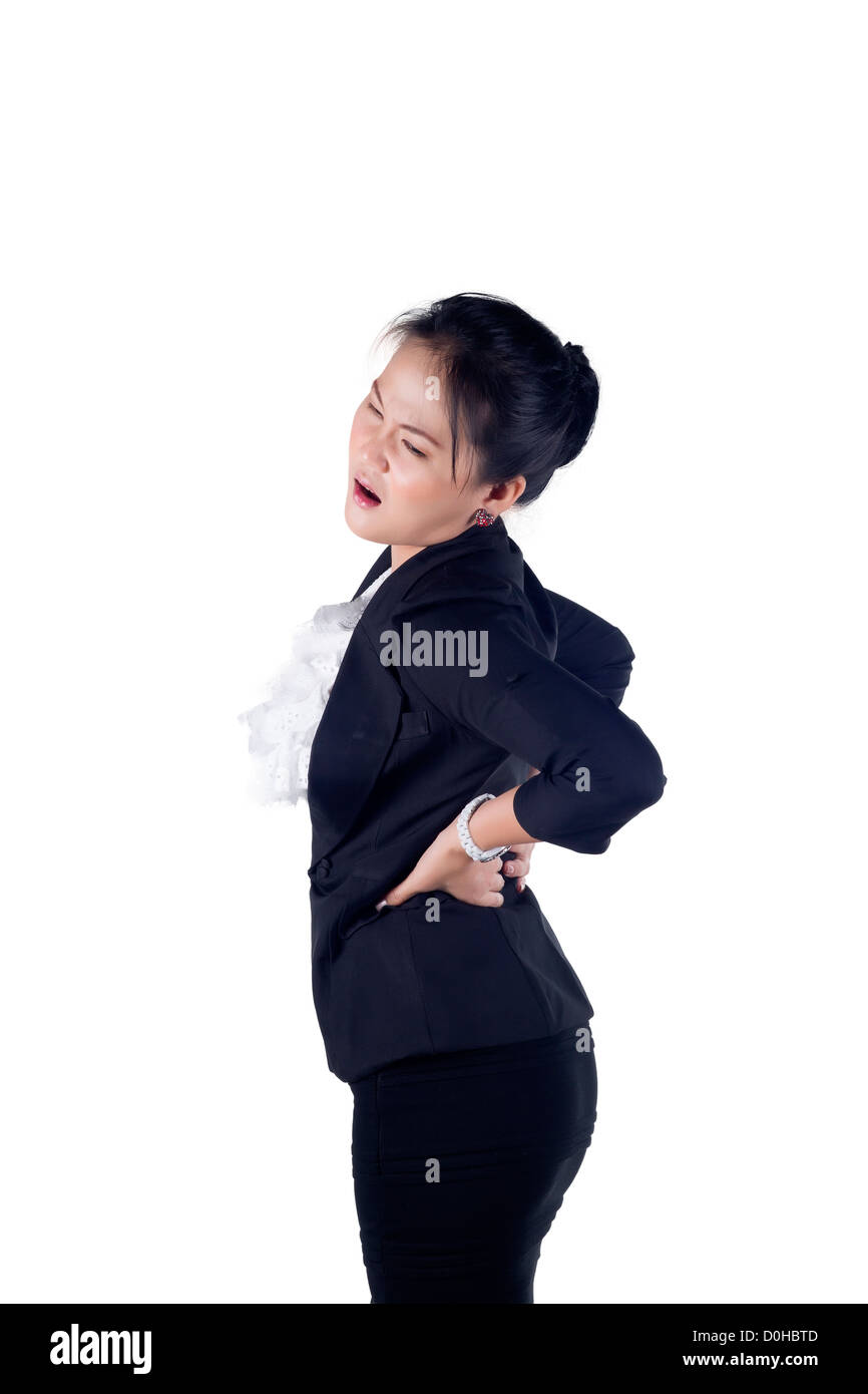 Business woman with back pain isolated white background, Model is Asian ...