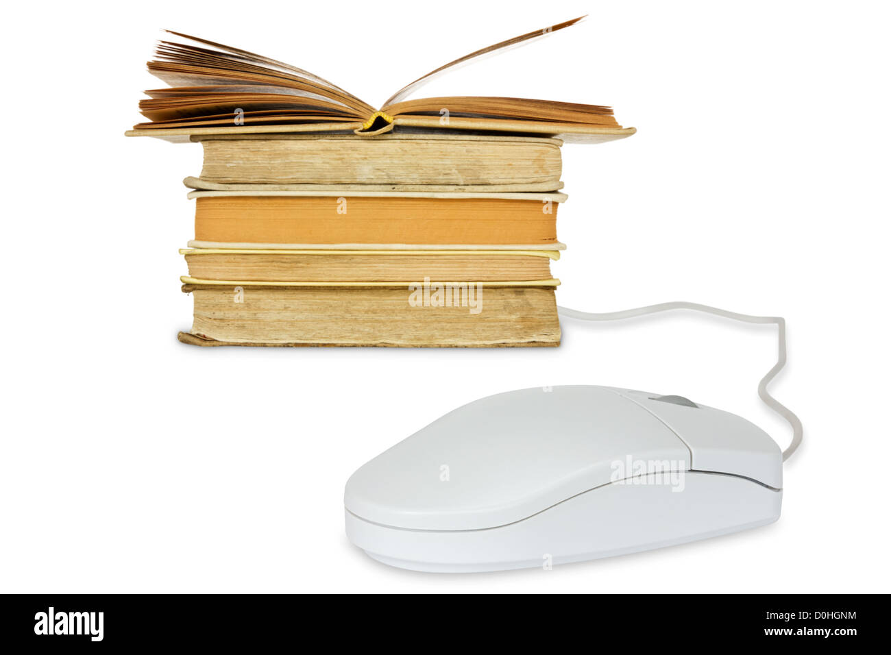 E-learning concept. Computer mouse and books on a white background ...