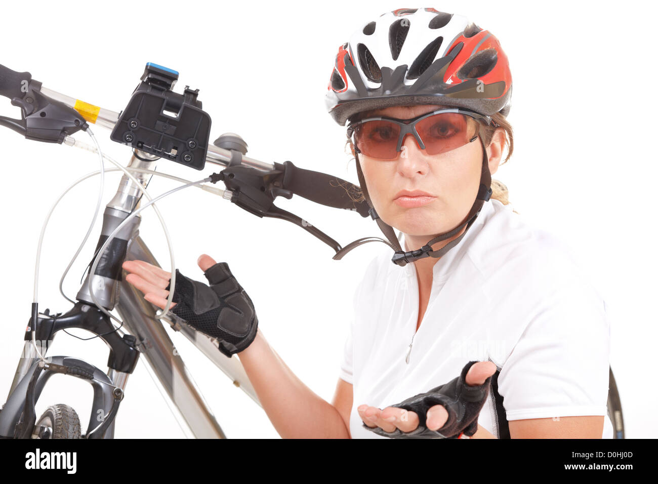 Troubled young woman with her broken bike Stock Photo - Alamy
