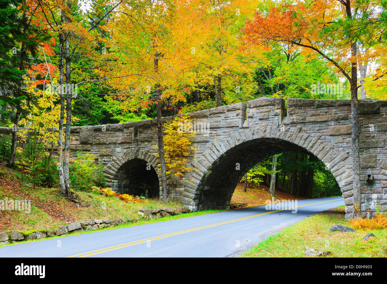 The triple-arched Stanley Brook Bridge in Acadia N.P, Maine, USA Stock ...