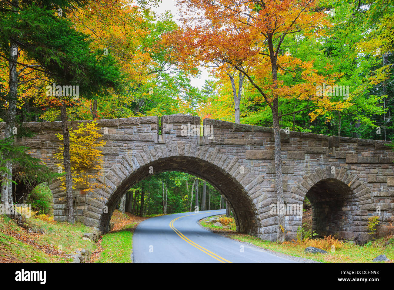 The triple-arched Stanley Brook Bridge in Acadia N.P, Maine, USA Stock ...