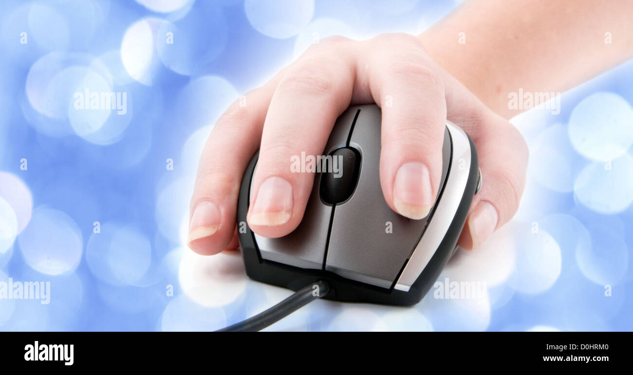 computer mouse with hand with blue lights in the background Stock Photo ...