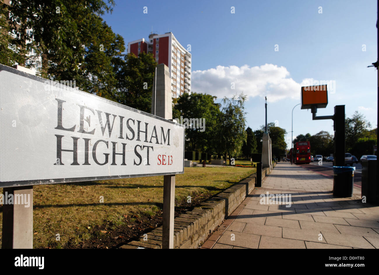 Street sign of Lewisham High Street with a speed camera in the ...
