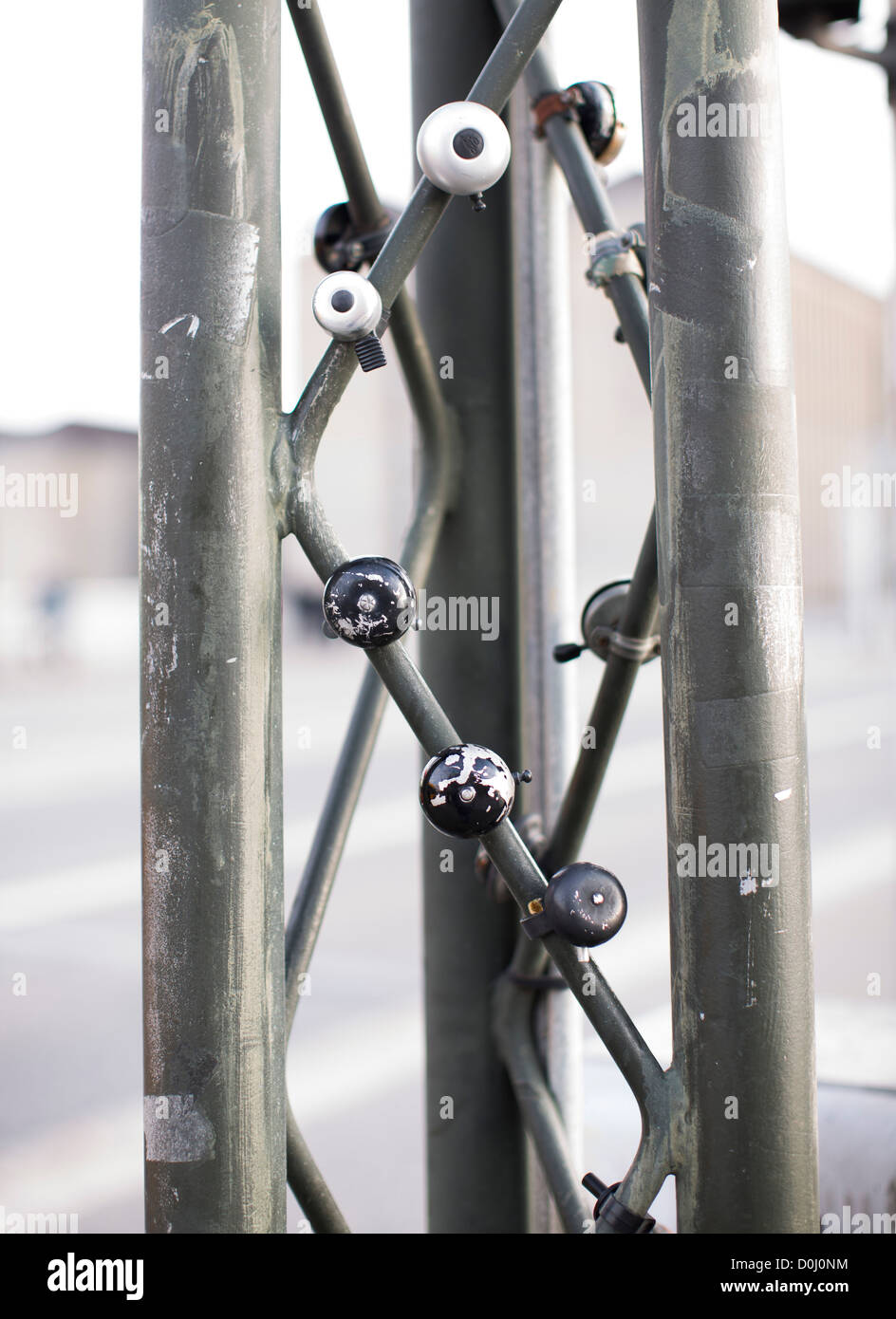 Bike bells on a lamp post in Copenhagen, Denmark. Cycling is very ...