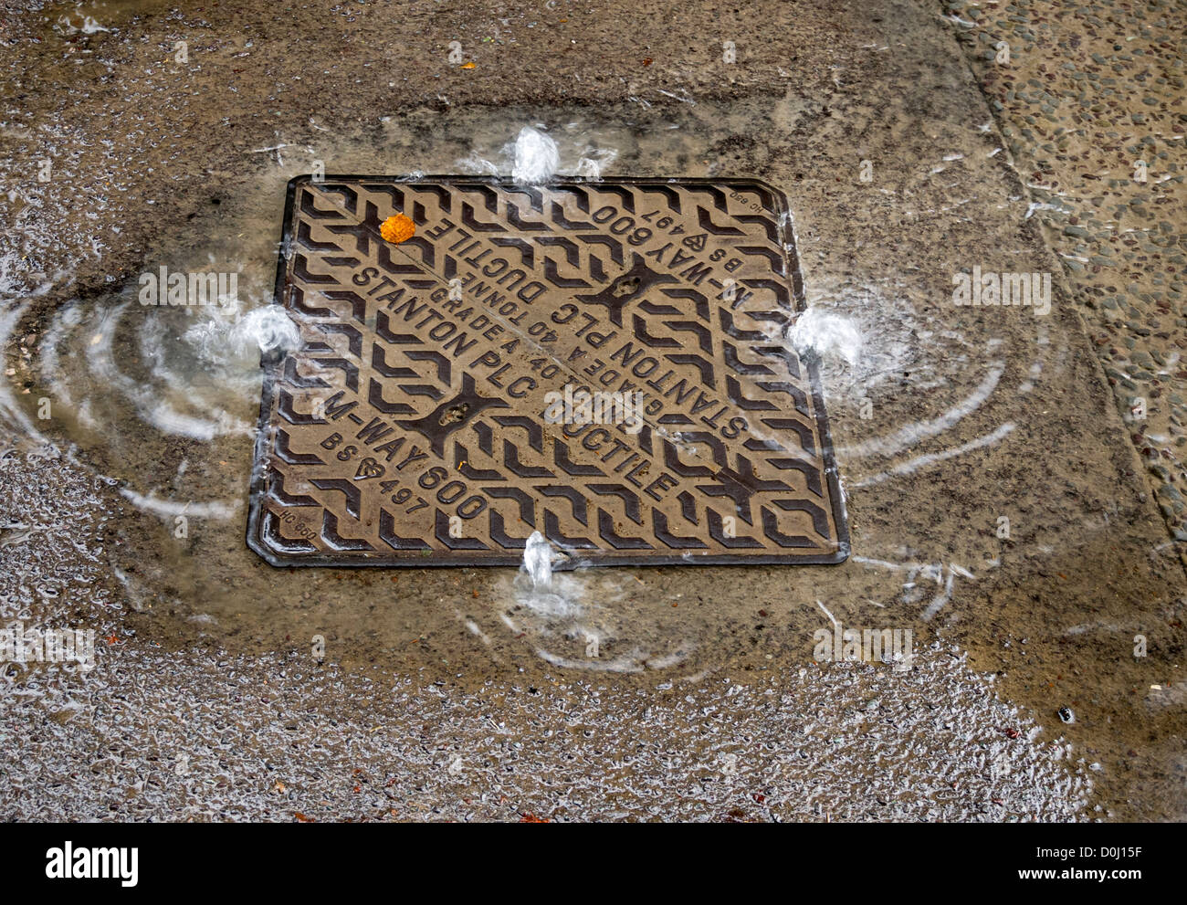 Water welling up around a manhole as heavy rain exceeds the capacity of ...
