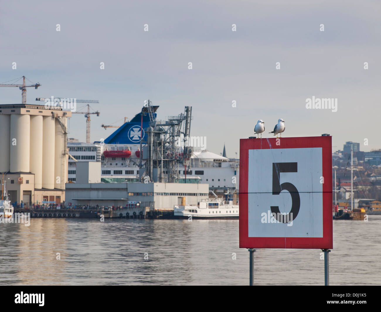 Speed limit sign at sea five 5 knots, in the harbour of Oslo Norway ...