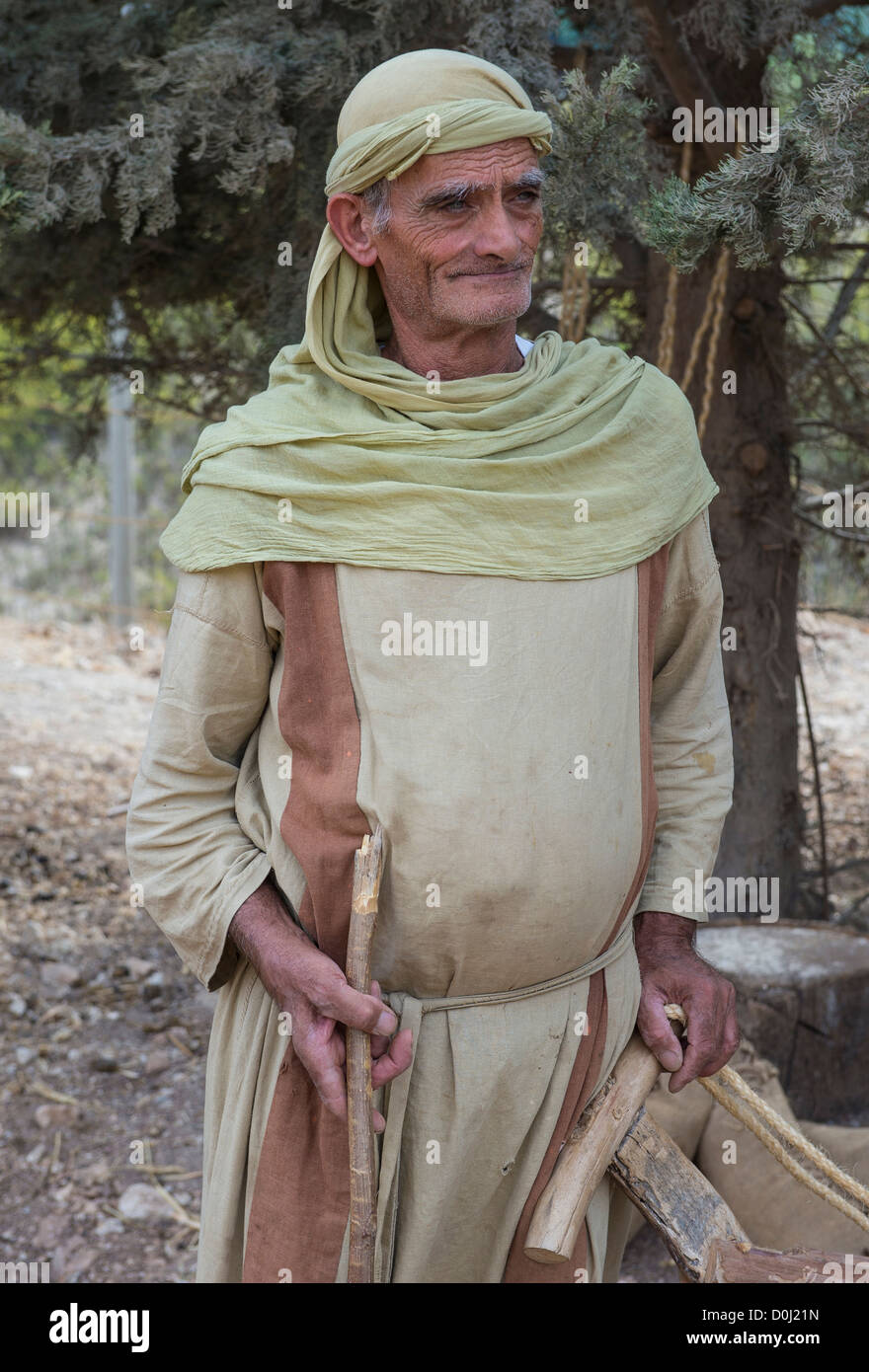 Palestinian farmer plowing a field with his donkeys in Nazareth Village ...
