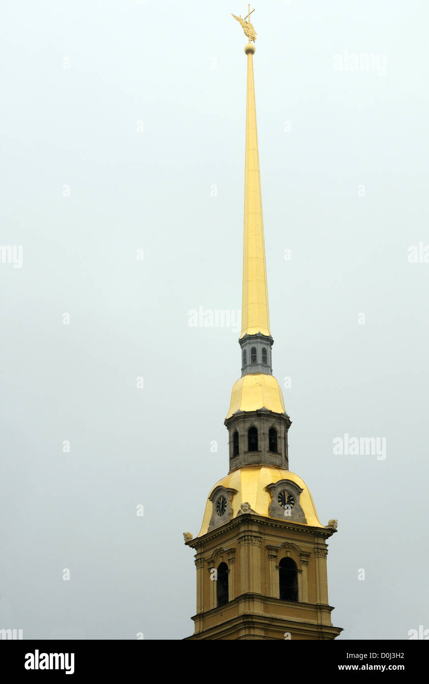 The golden spire of Peter and Paul Cathedral on a stormy afternoon. St ...