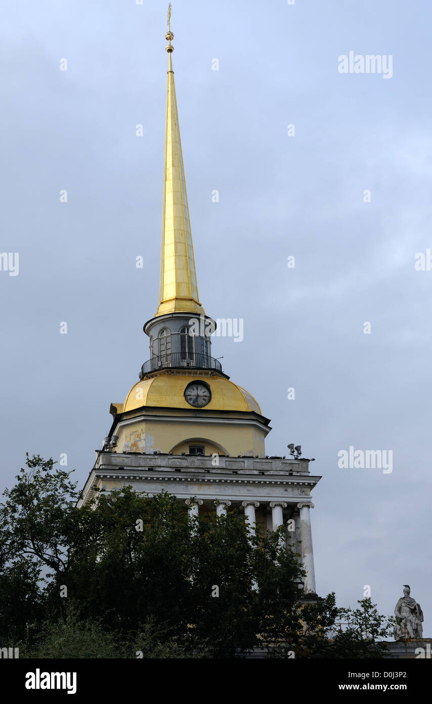 The spire and portico of the Admiralty building against a dark and ...