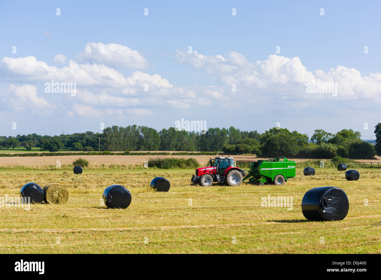 Tractor in field making hay bales Stock Photo - Alamy