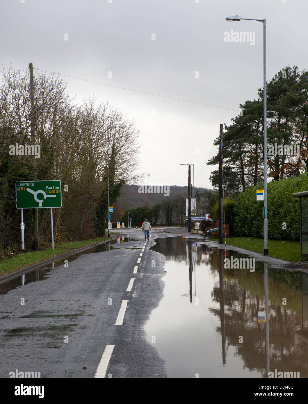Partially flooded road near the village of Hopwas Staffordshire Stock ...