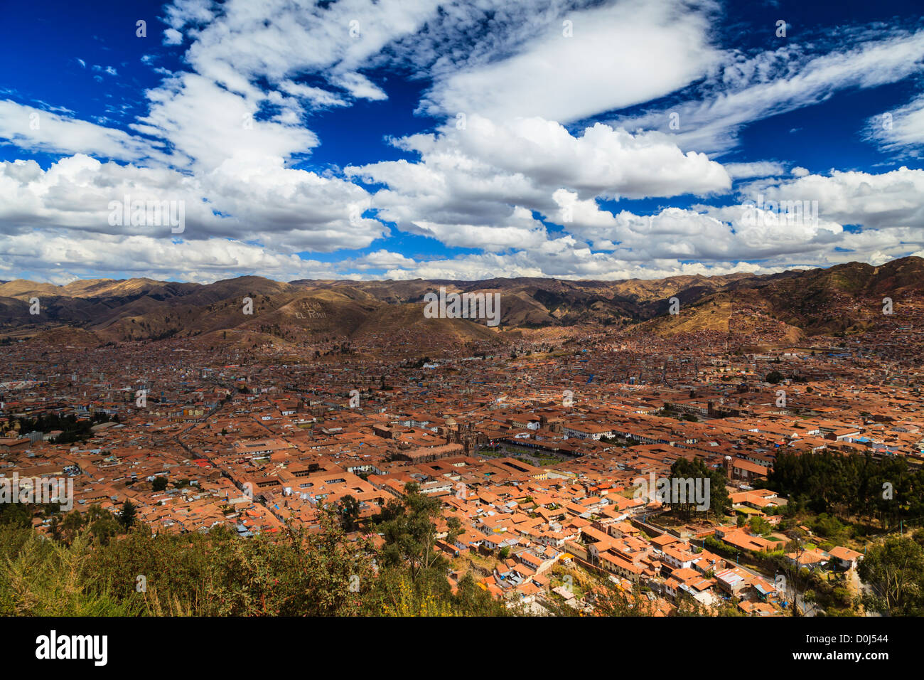 View of Cuzco from Sacsayhuaman viewpoint. Plaza de Armas clearly ...