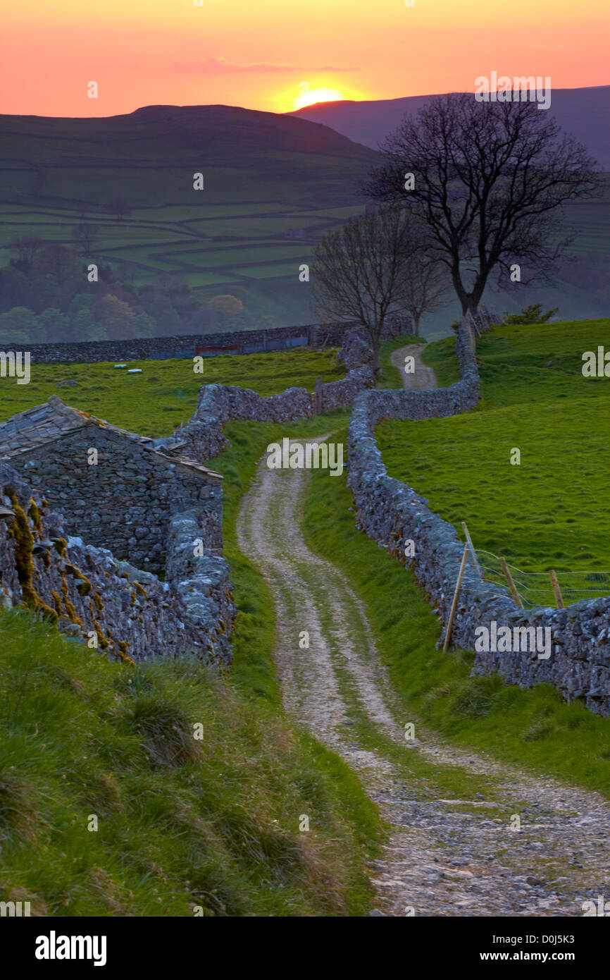 Sunset over Ribblesdale from Goat Scar Lane above the Dales village of ...