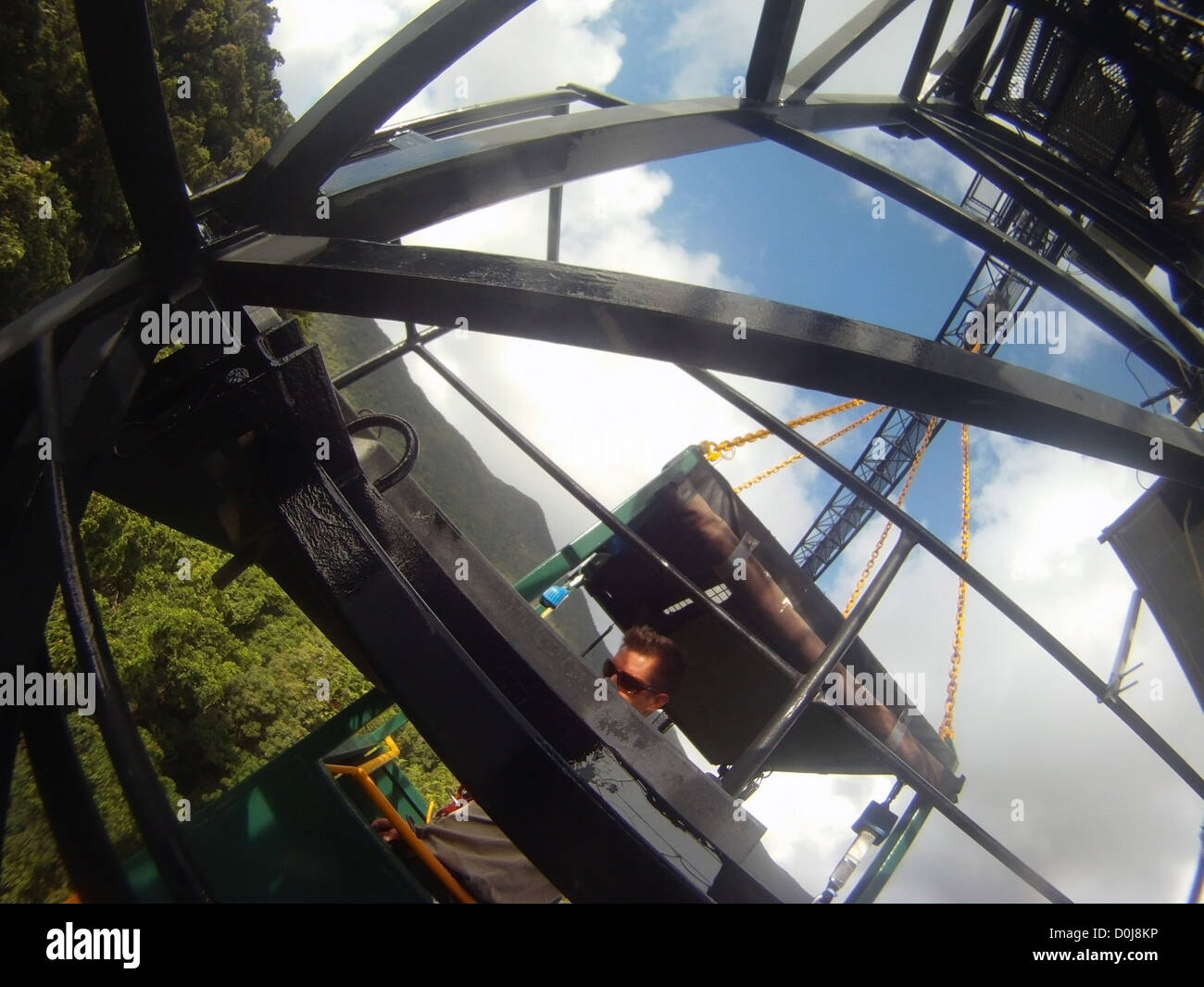 Gondola of canopy crane viewed from inside tower, Daintree Rainforest ...