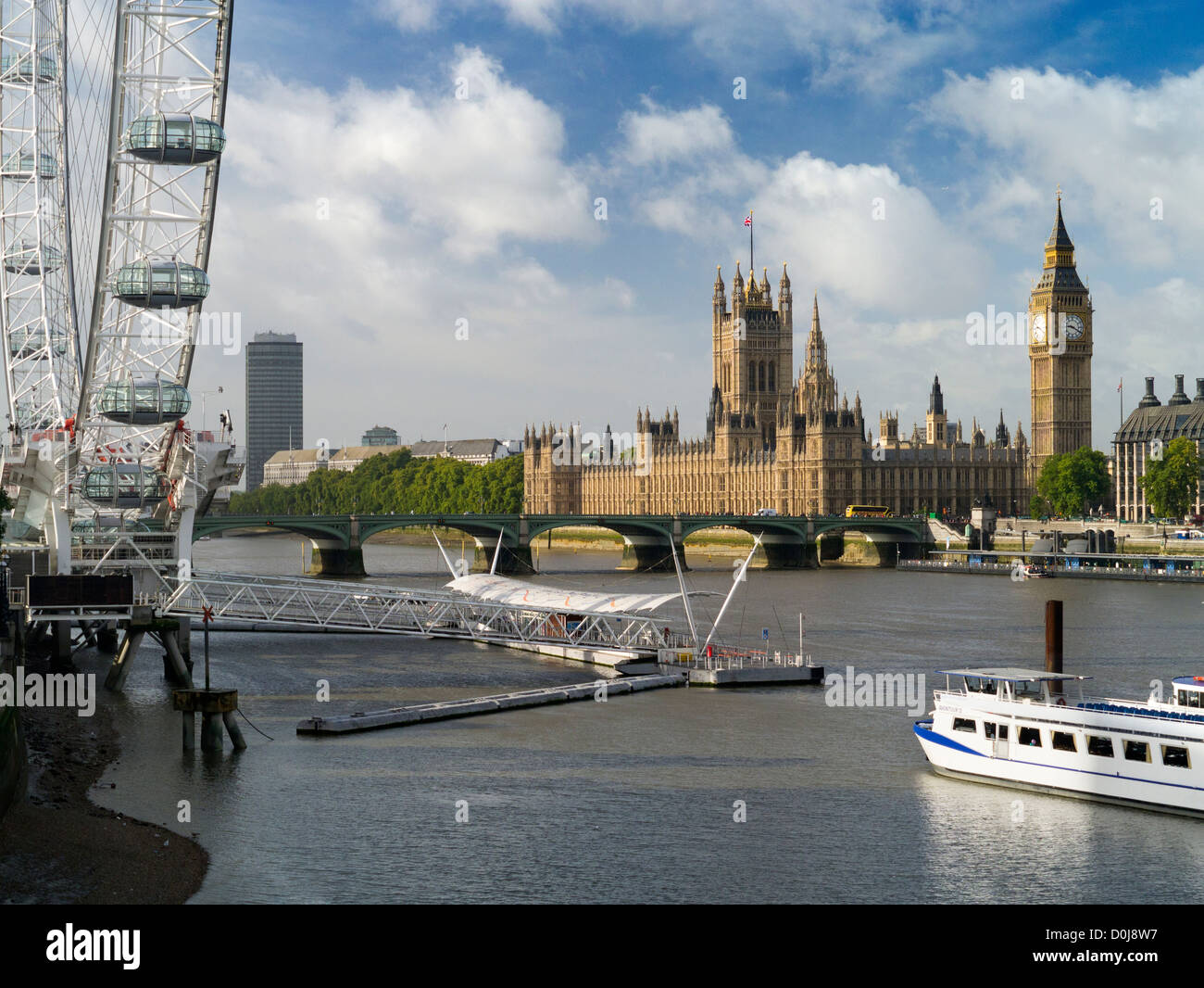 A view toward the London Eye and Parliament on an early autumn morning ...