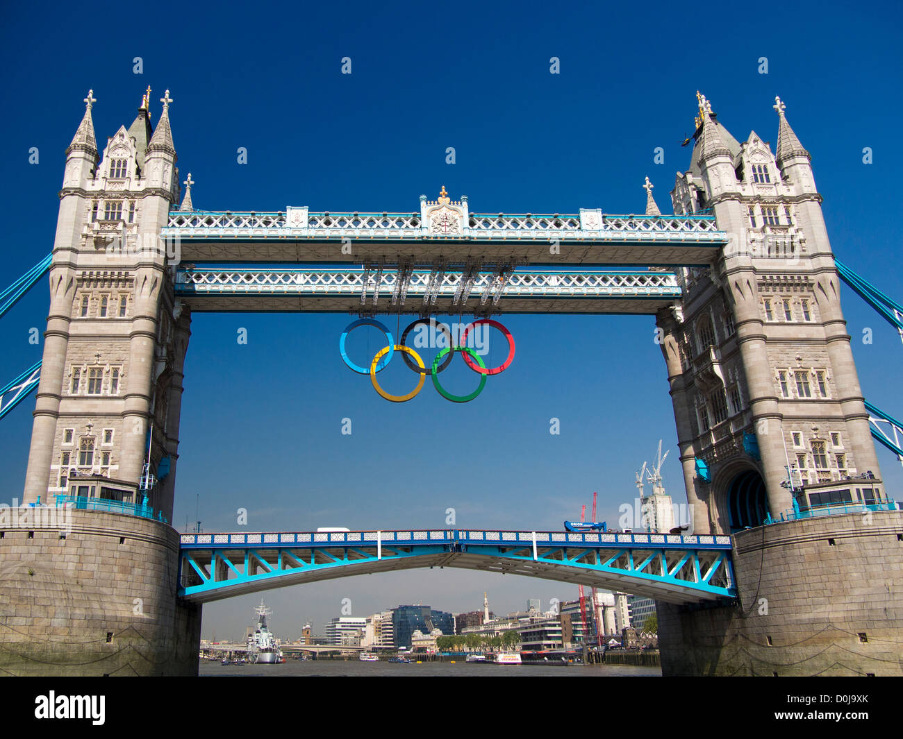 Tower Bridge with the Olympic rings suspended underneath Stock Photo ...