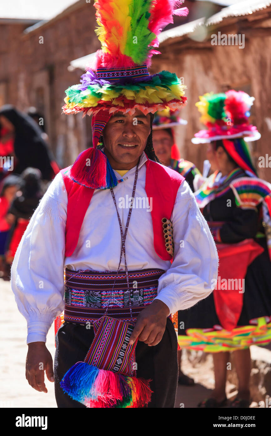 Man in typical costume on Isla Taquile, Lake Titicaca, Peru Stock Photo ...