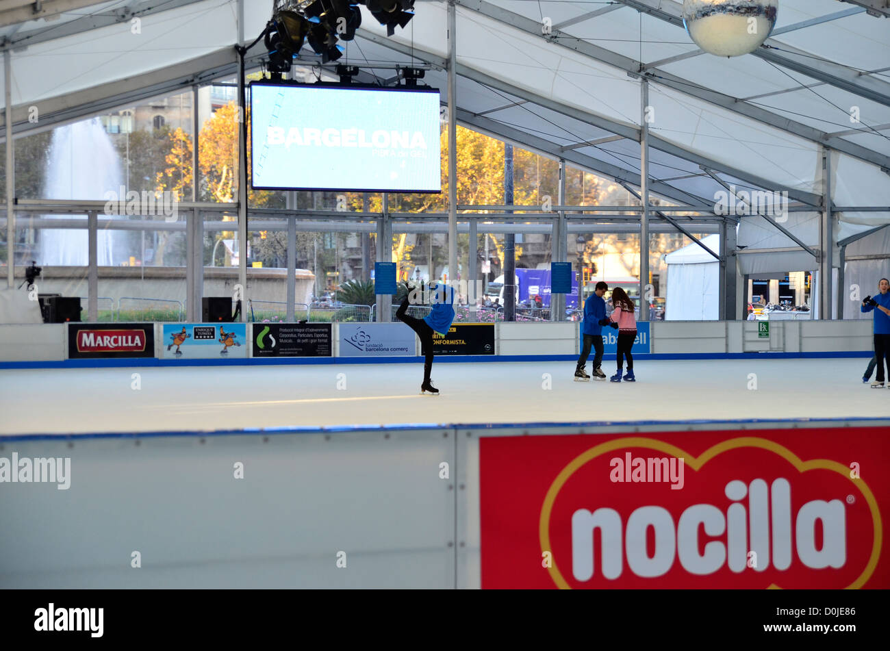 Indoor (in a tent) ice rink in Plaça Catalunya, Barcelona. Bargelona ...