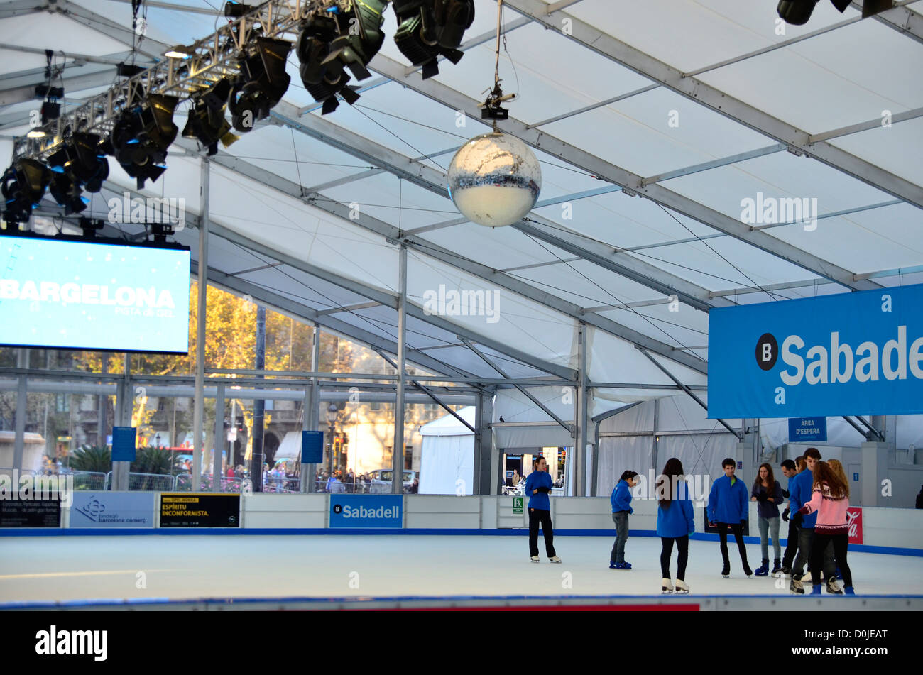 Indoor (in a tent) ice rink in Plaça Catalunya, Barcelona. Bargelona ...
