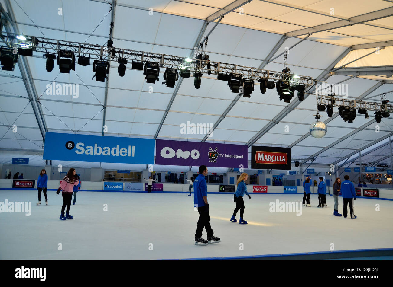 Indoor (in a tent) ice rink in Plaça Catalunya, Barcelona. Bargelona ...
