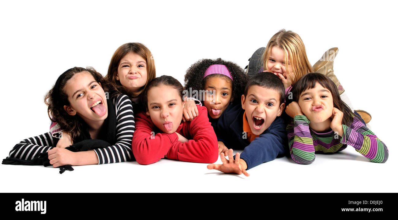 Group of children making faces isolated in white Stock Photo - Alamy