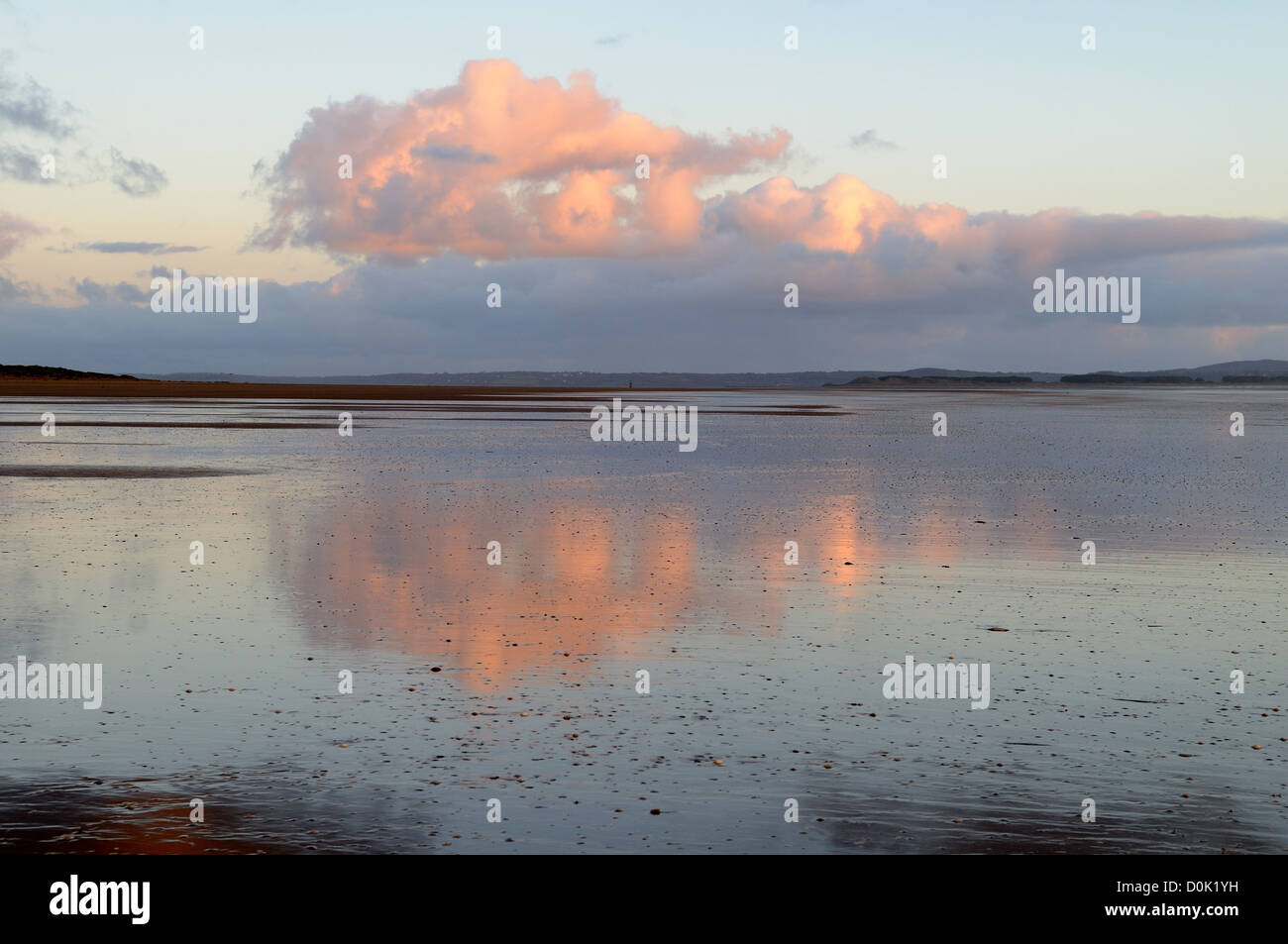 Pink sunset clouds reflected in wet sands Cefn Sidan Beach pembrey ...